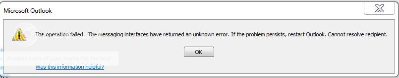 "The Operation Failed. The messaging interfaces have returned an ...